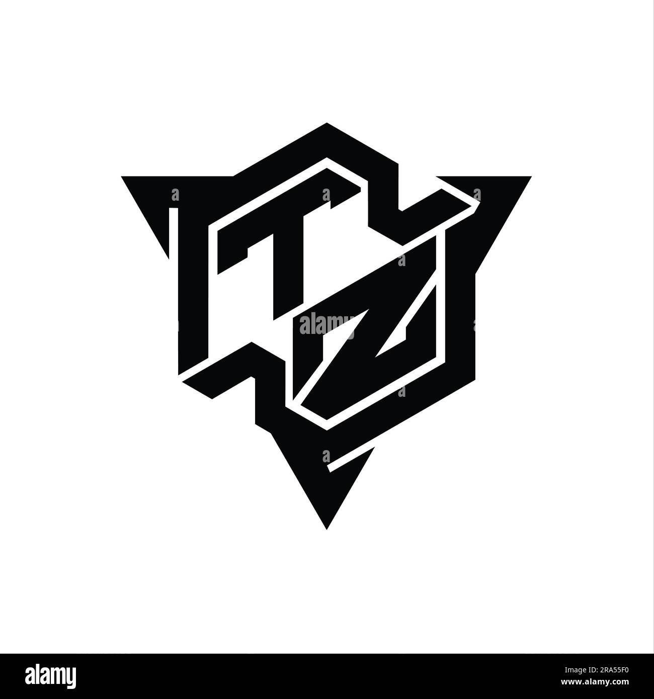TZ Letter Logo monogram hexagon shape with triangle outline gaming style design template Stock ...