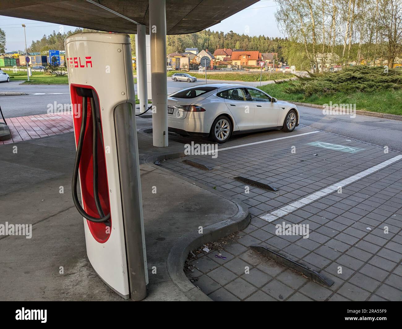 Humpolec, CZECH REPUBLIC - May 16 , 2023: Tesla charging stations are ...