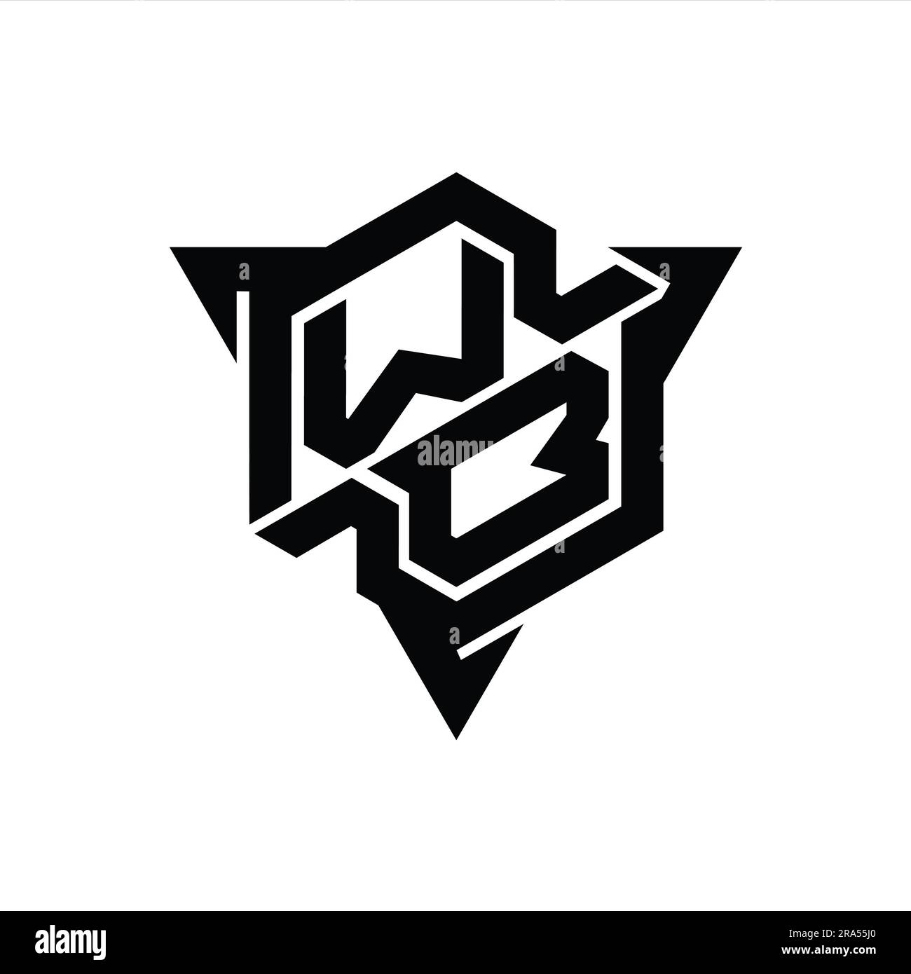 WB Letter Logo monogram hexagon shape with triangle outline gaming ...