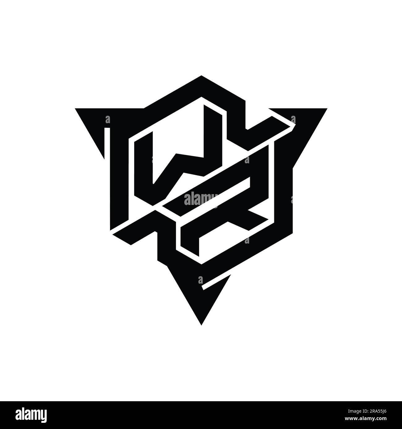 WR Letter Logo monogram hexagon shape with triangle outline gaming ...