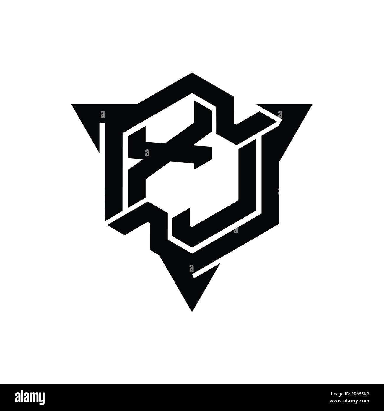 XJ Letter Logo monogram hexagon shape with triangle outline gaming style design template Stock ...