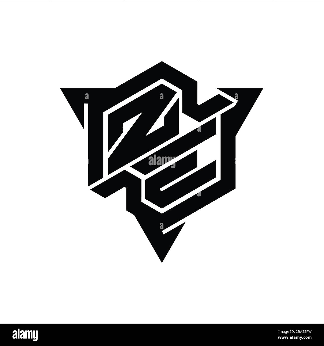 ZE Letter Logo monogram hexagon shape with triangle outline gaming ...