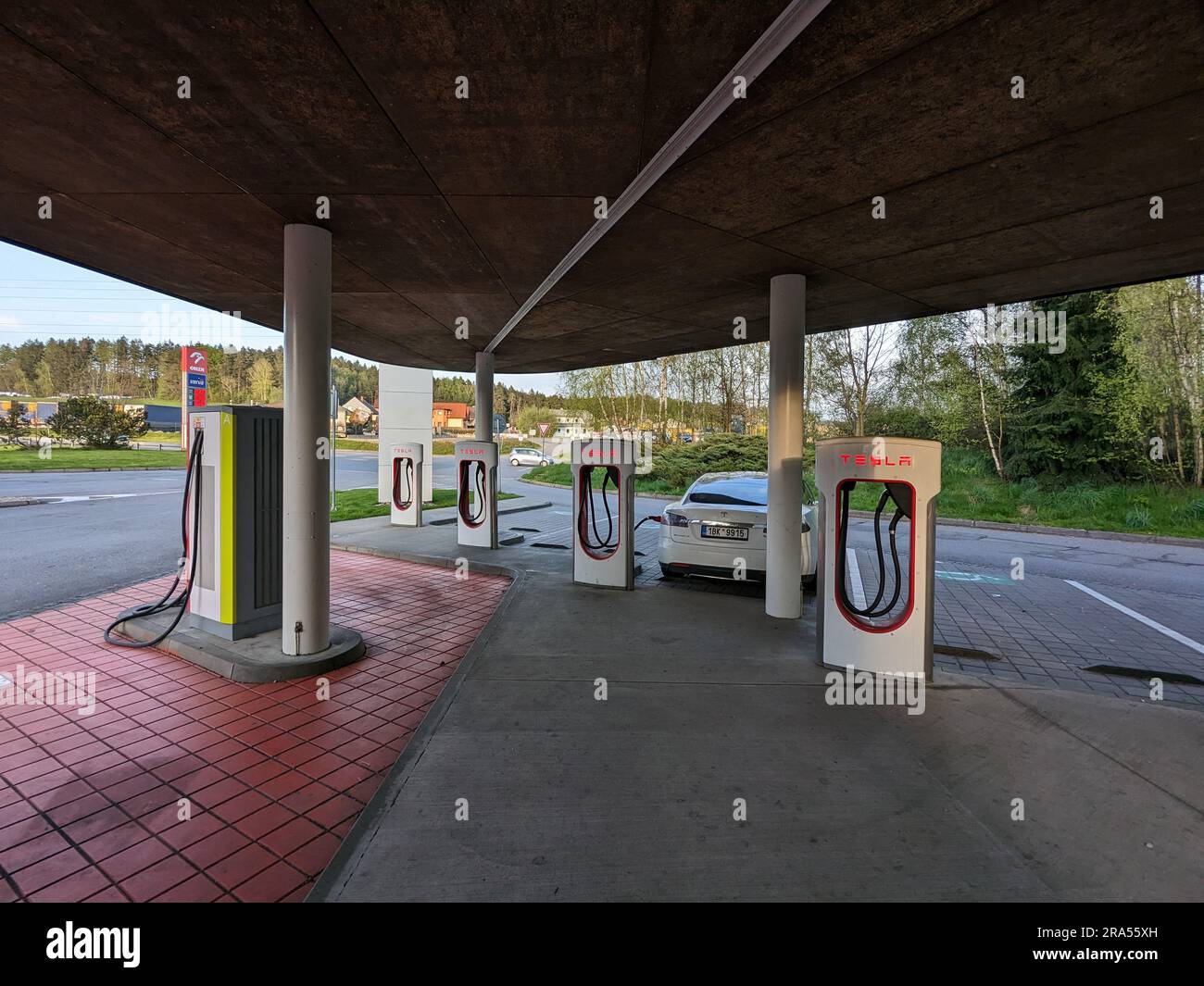 Humpolec, CZECH REPUBLIC - May 16 , 2023: Tesla charging stations are ...