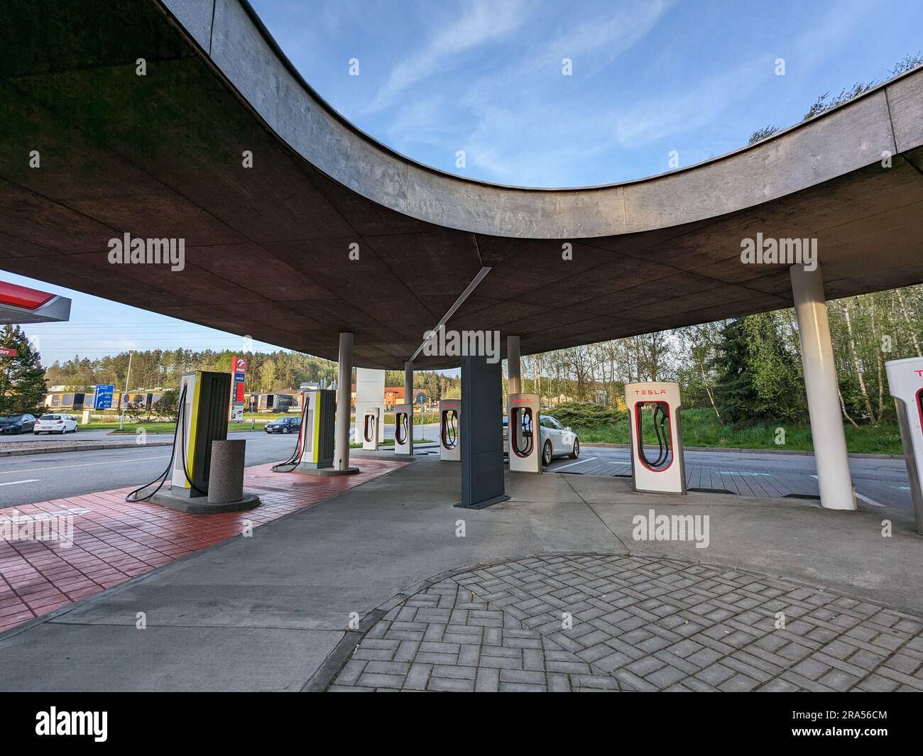 Humpolec, CZECH REPUBLIC - May 16 , 2023: Tesla charging stations are ...