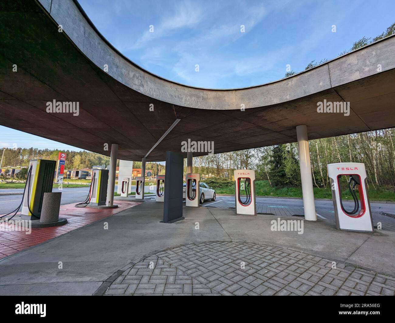 Humpolec, CZECH REPUBLIC - May 16 , 2023: Tesla charging stations are ...