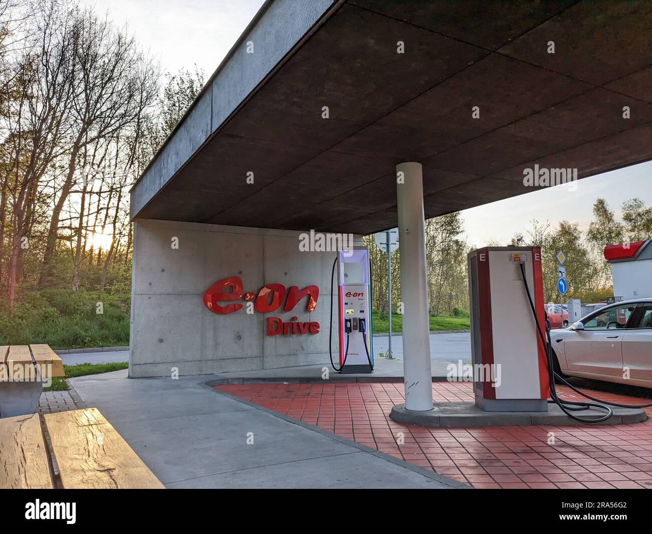 Humpolec, CZECH REPUBLIC - May 16 , 2023: Tesla charging stations are ...
