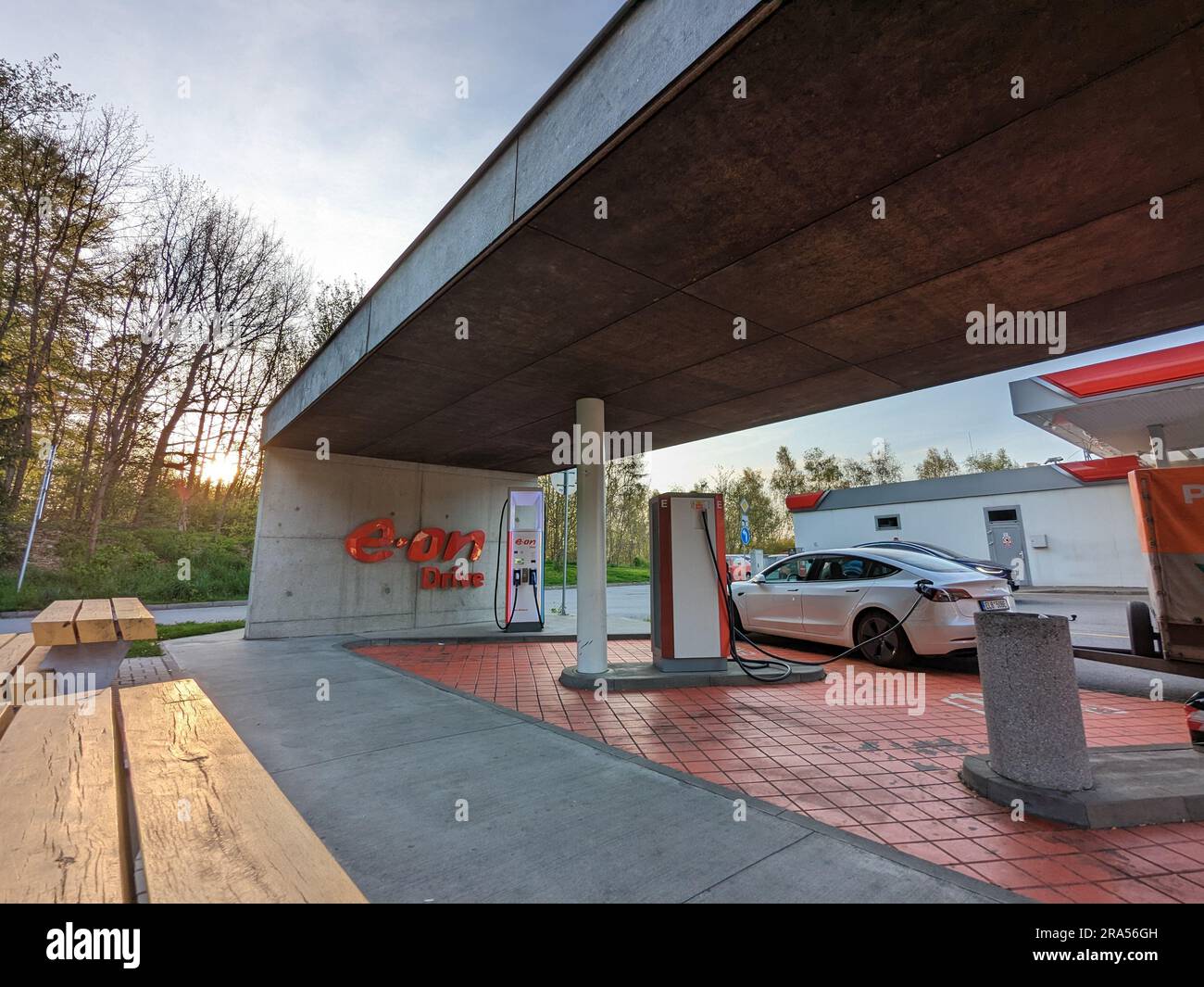 Humpolec, CZECH REPUBLIC - May 16 , 2023: Tesla charging stations are ...