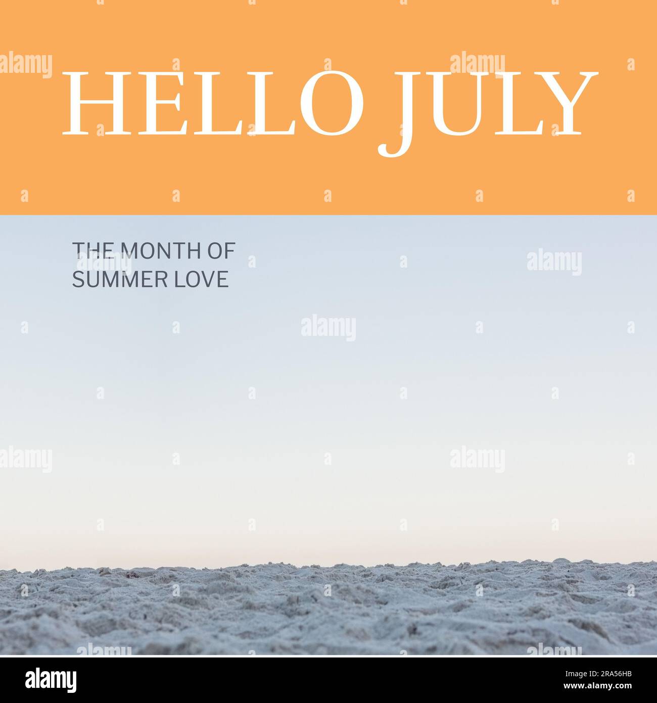 Composition of hello july text over beach sand and blue sky in summer ...