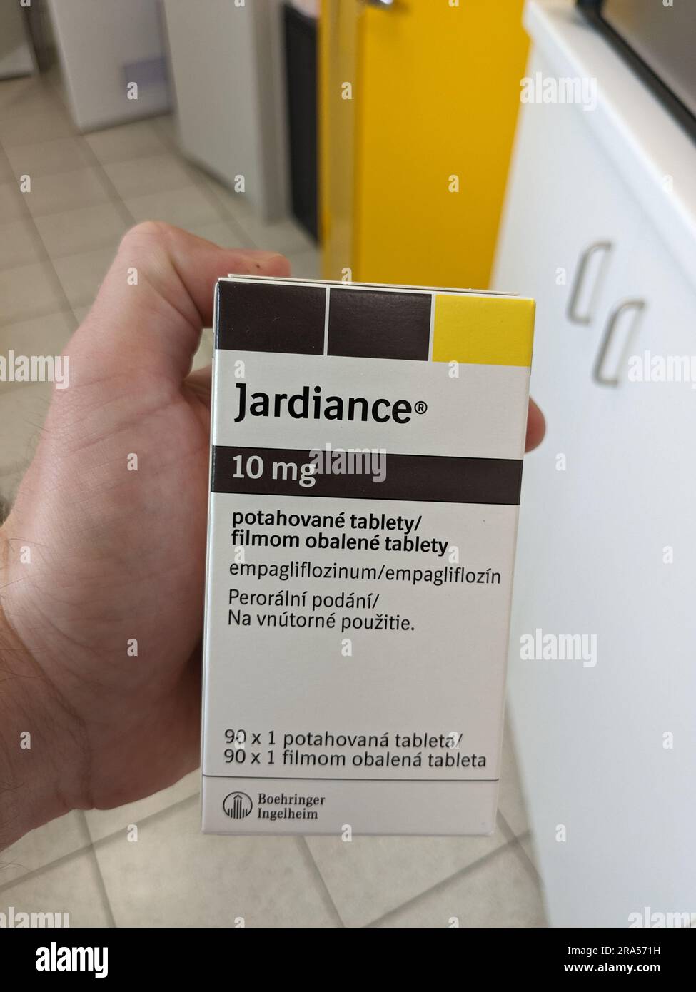 Prague,Czech republic Pharmacist holding Jardiance box medicine for ...