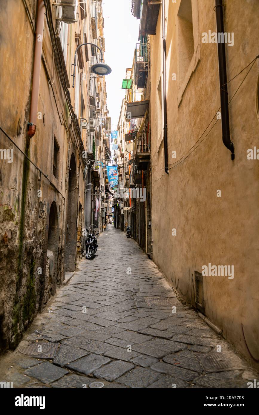 Narrow city street in the historical center of Naples, Italy Stock ...