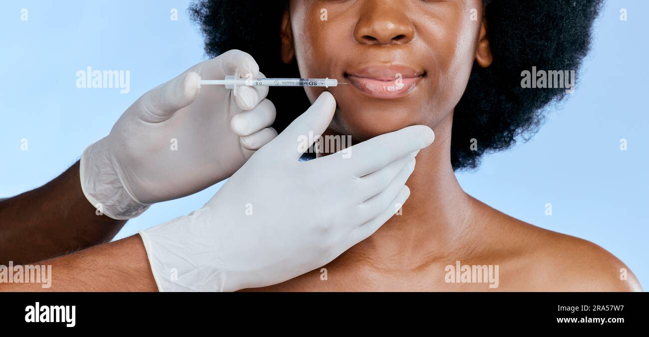 Black woman, face injection and beauty with lip filler, cosmetic ...