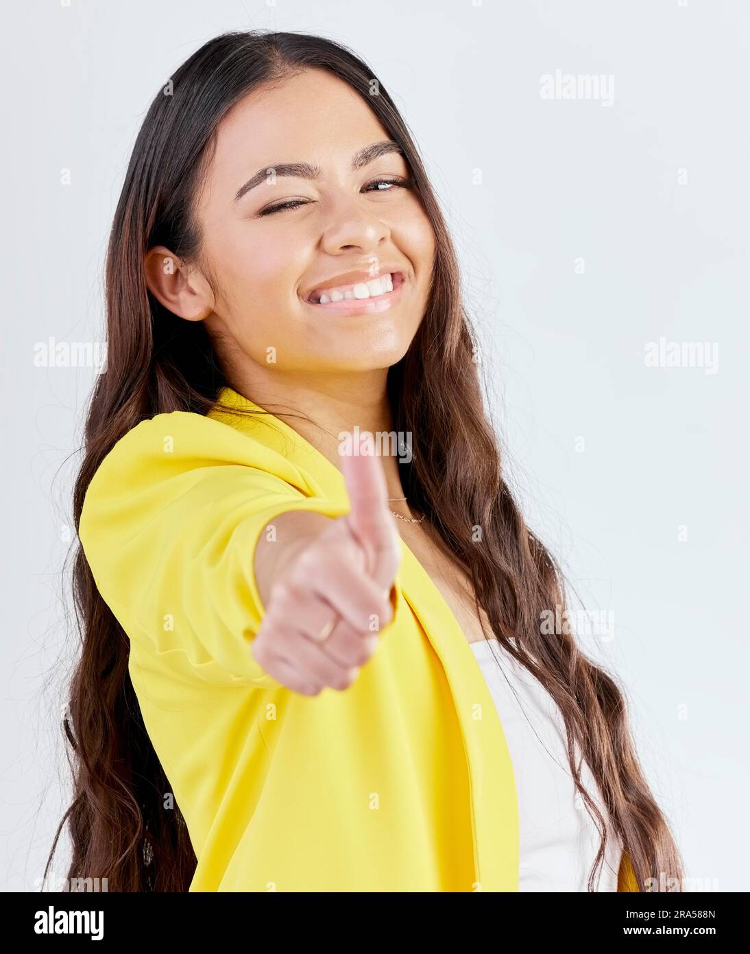 Portrait, support and woman with thumbs up, promotion and success ...