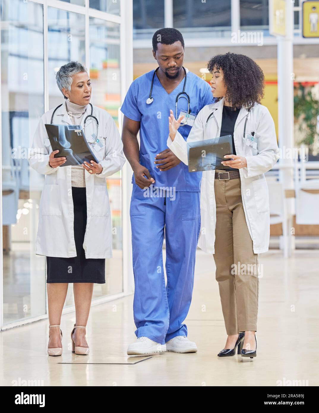 Medical, consulting and xray with people in hospital for advice ...