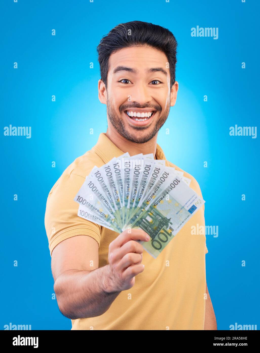 Happy man, portrait and money fan for bonus offer, financial success ...