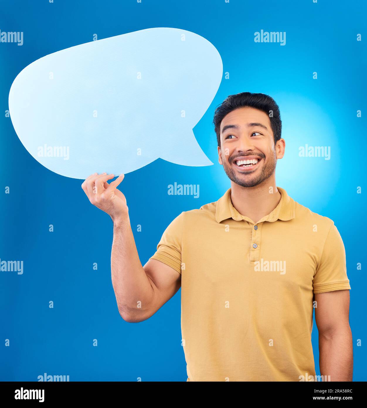 Man, speech bubble and thinking in studio with smile for opinion ...