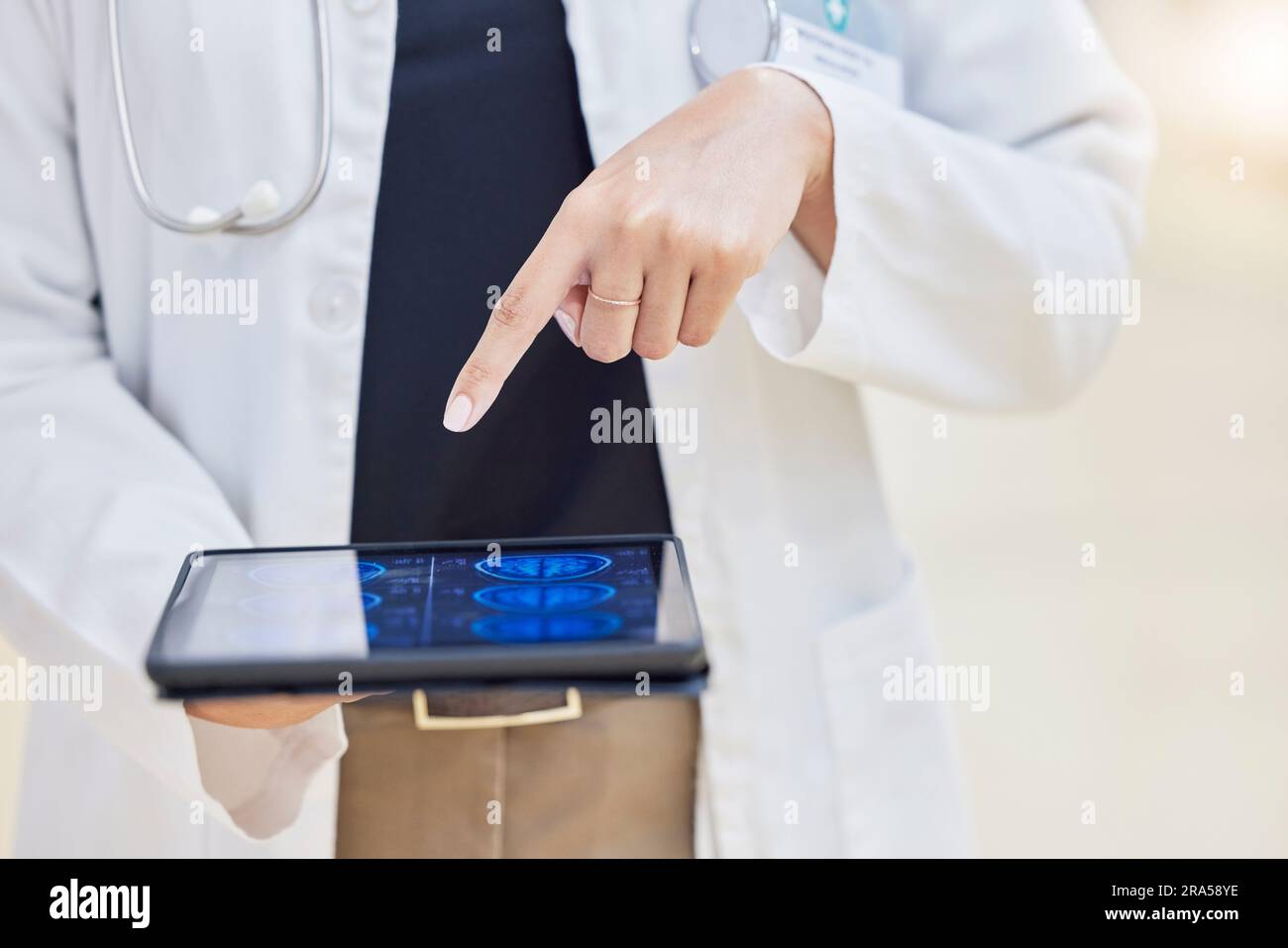 Doctor, hands and tablet for neurology research in hospital, healthcare ...