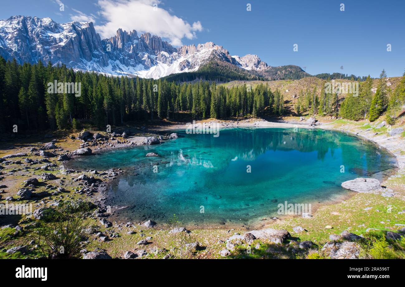 Lake Carezza (Karersee) in the morning. Italy Travel. Idyllic Italian ...