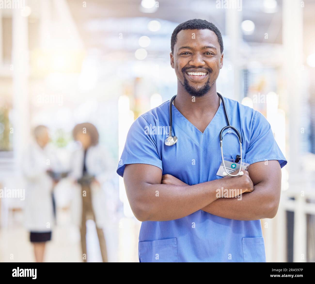 Portrait, nurse and black man with arms crossed, smile and healthcare ...
