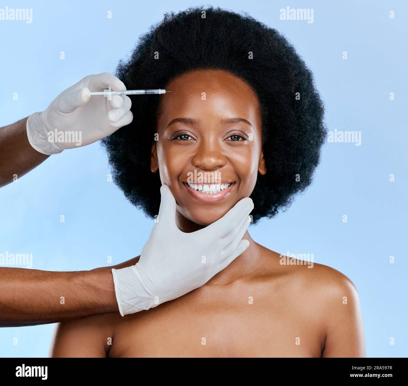 Black woman, face injection and beauty with treatment, cosmetic ...