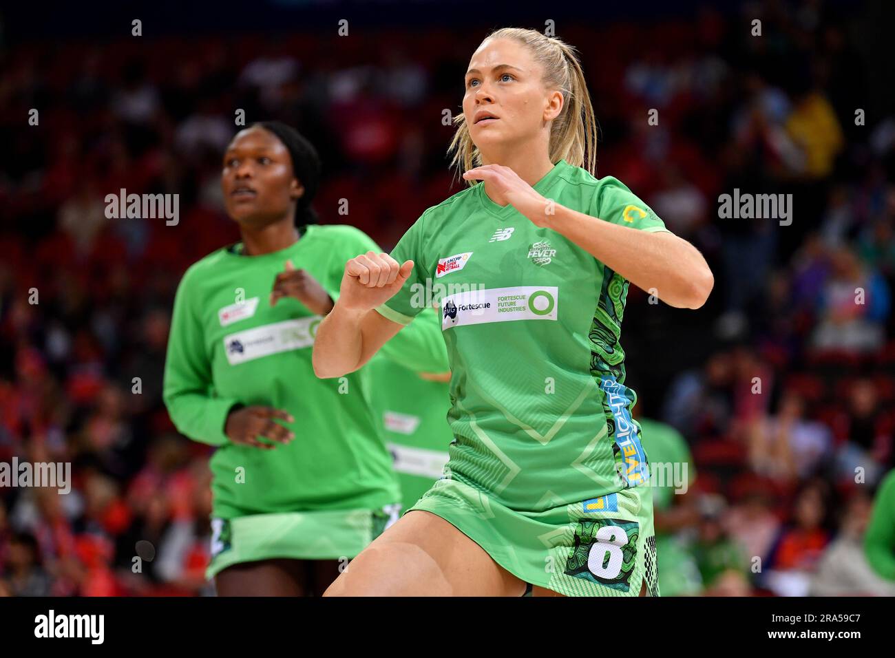 Sydney, Australia. 01st July, 2023. Kimberley Jenner of the Fever warms ...