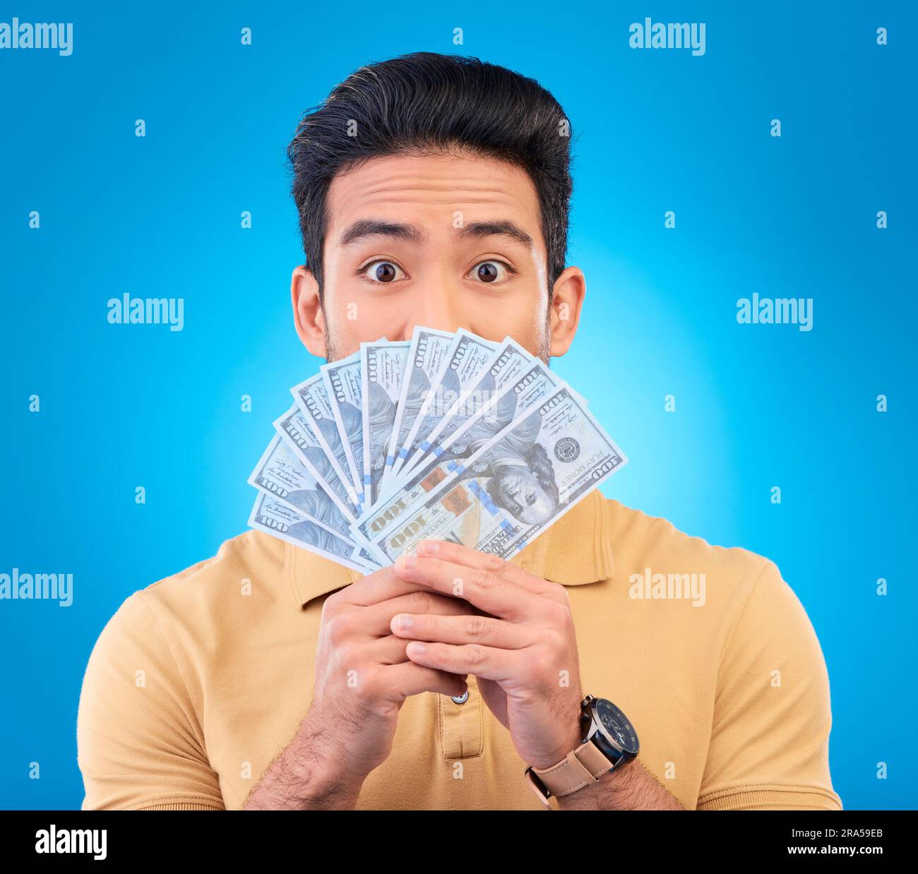 Money, shocked face and man with financial surprise, winning or savings ...