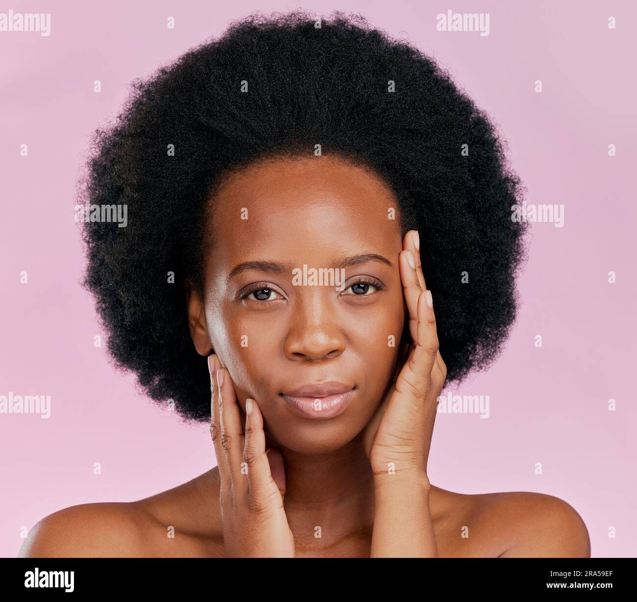 Black woman, touching face and natural beauty with afro hair, skin glow ...