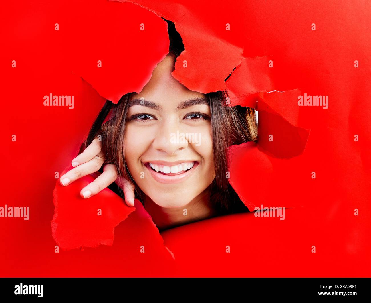 Portrait, breaking wall and woman with a smile, new and breakthrough ...