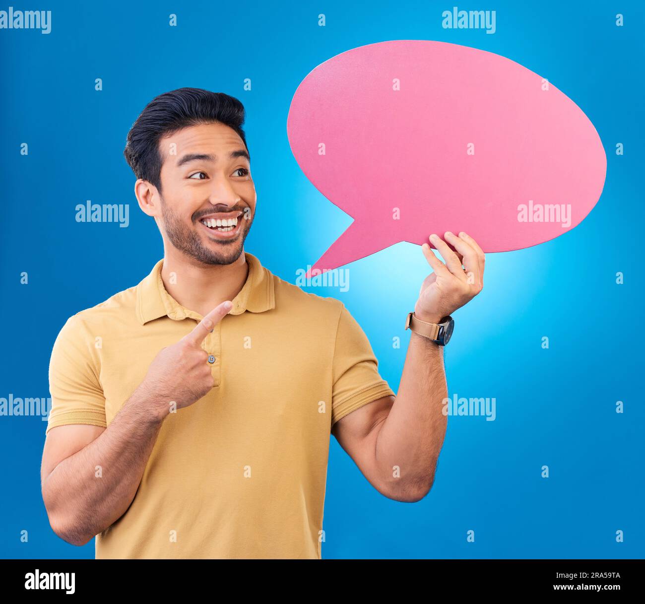 Pointing, speech bubble and thinking Asian man for communication ...