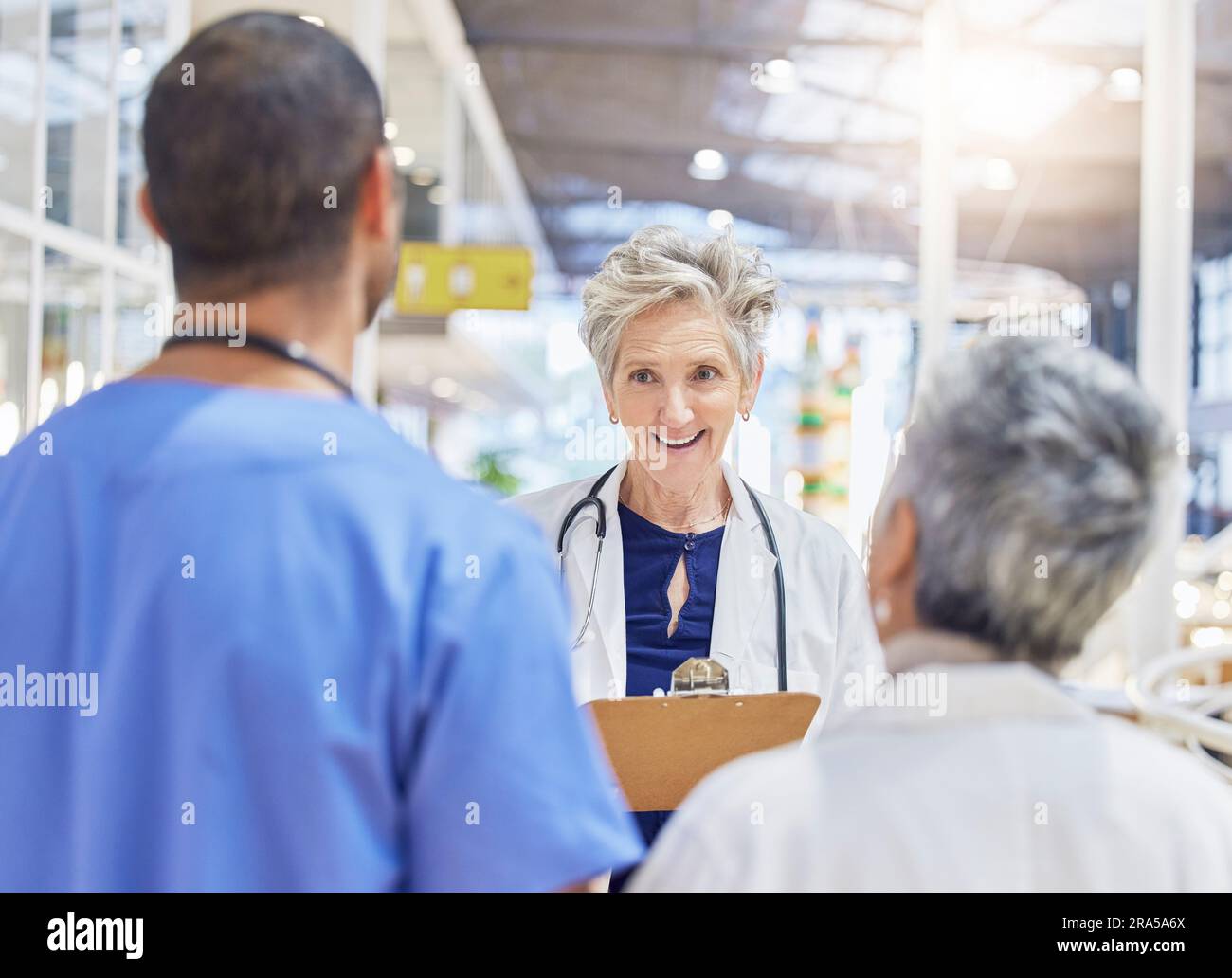 Clipboard, doctors and nurses for team advice, support and schedule ...