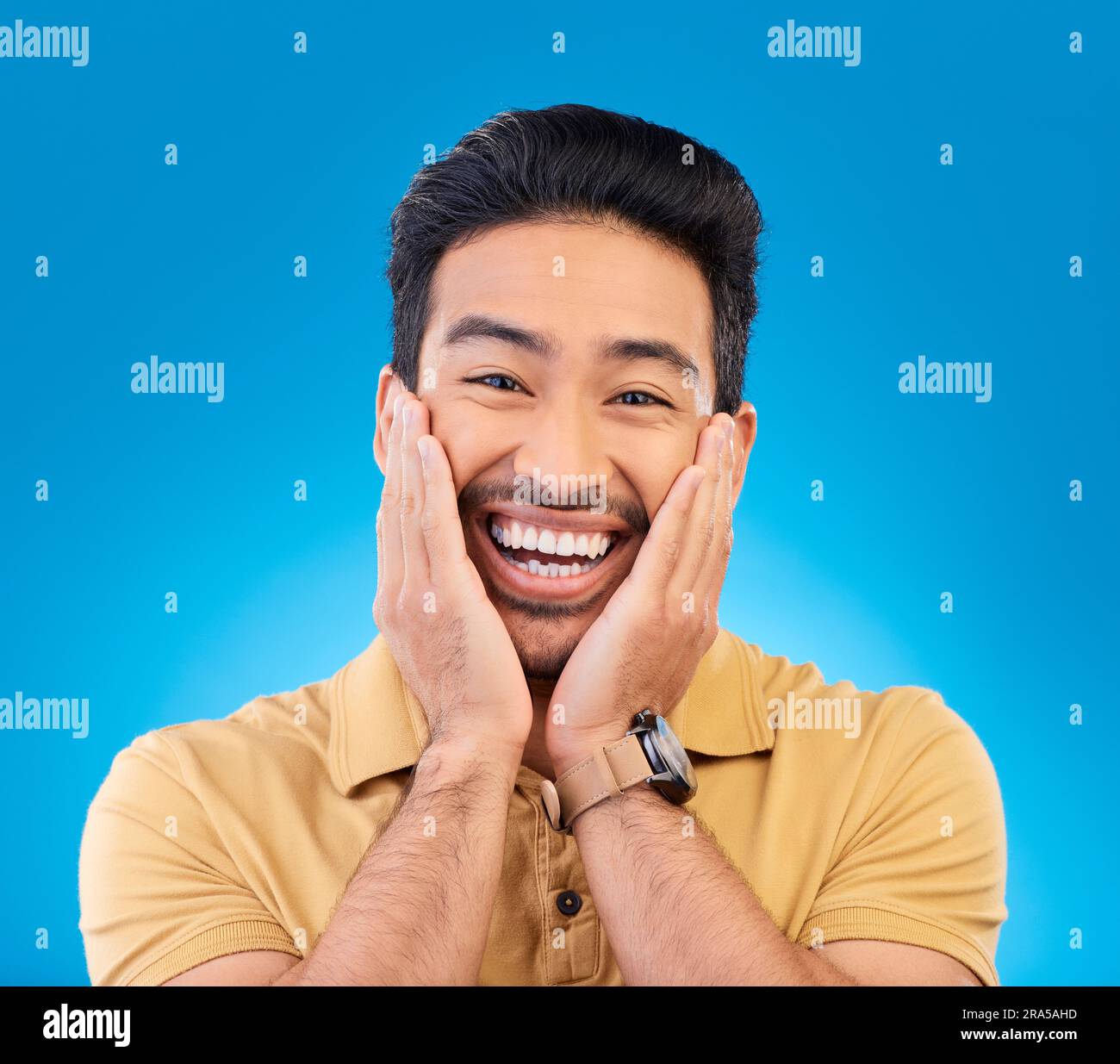 Happy, excited man and smile portrait in studio with Asian model with ...
