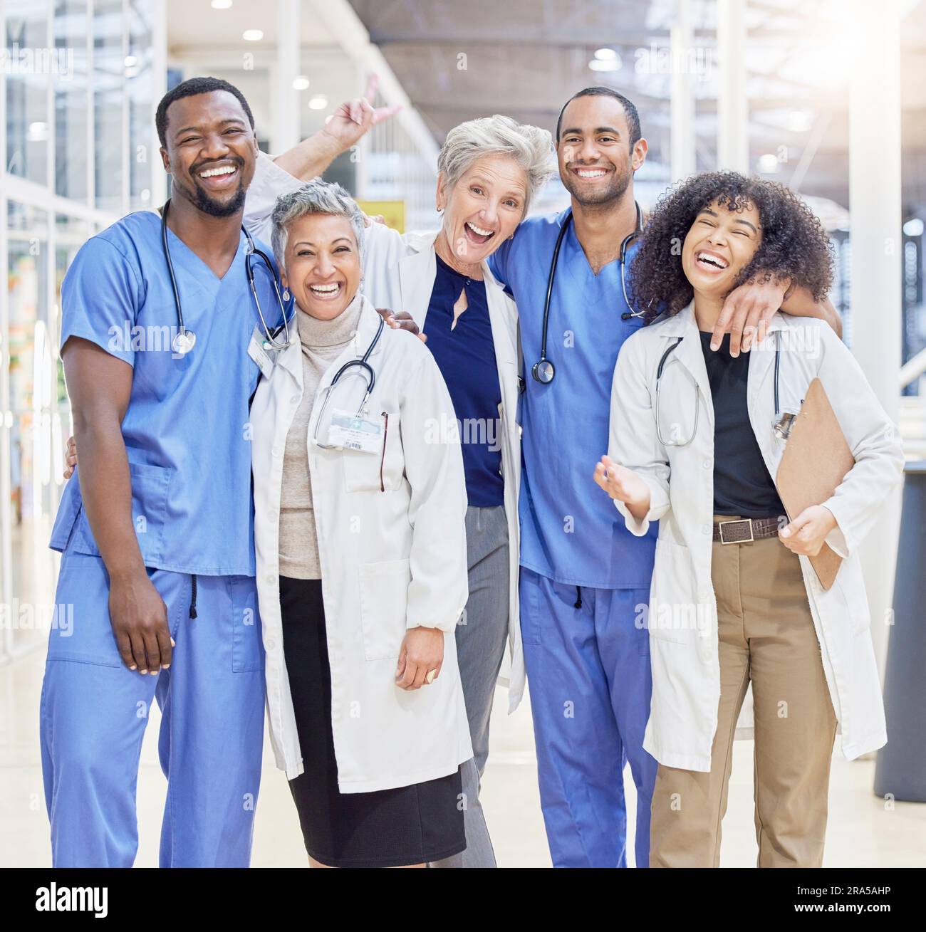 Happy portrait, team and doctors for healthcare service, leadership and teamwork in hospital ...