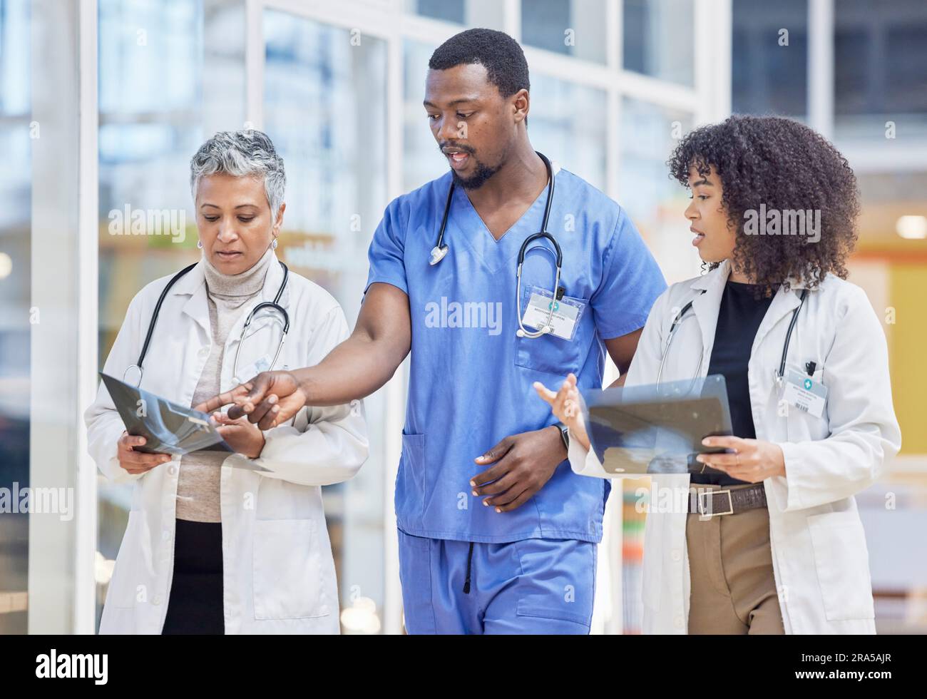 Medical, teamwork and xray with people in hospital for advice, research ...