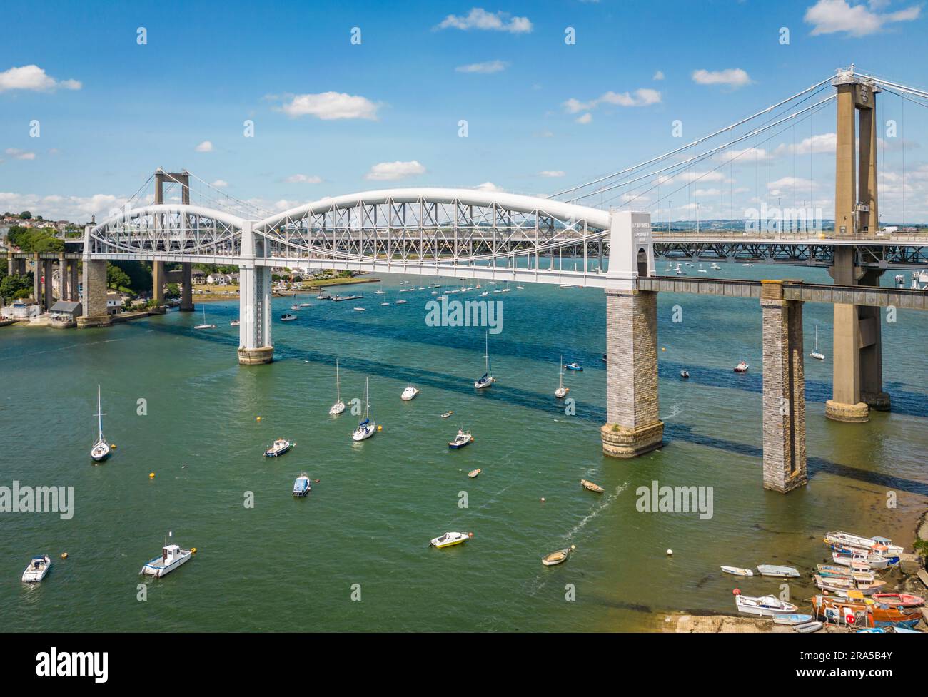 Aerial view of Prince Albert Bridge and Tamar Bridge linking Devon and ...