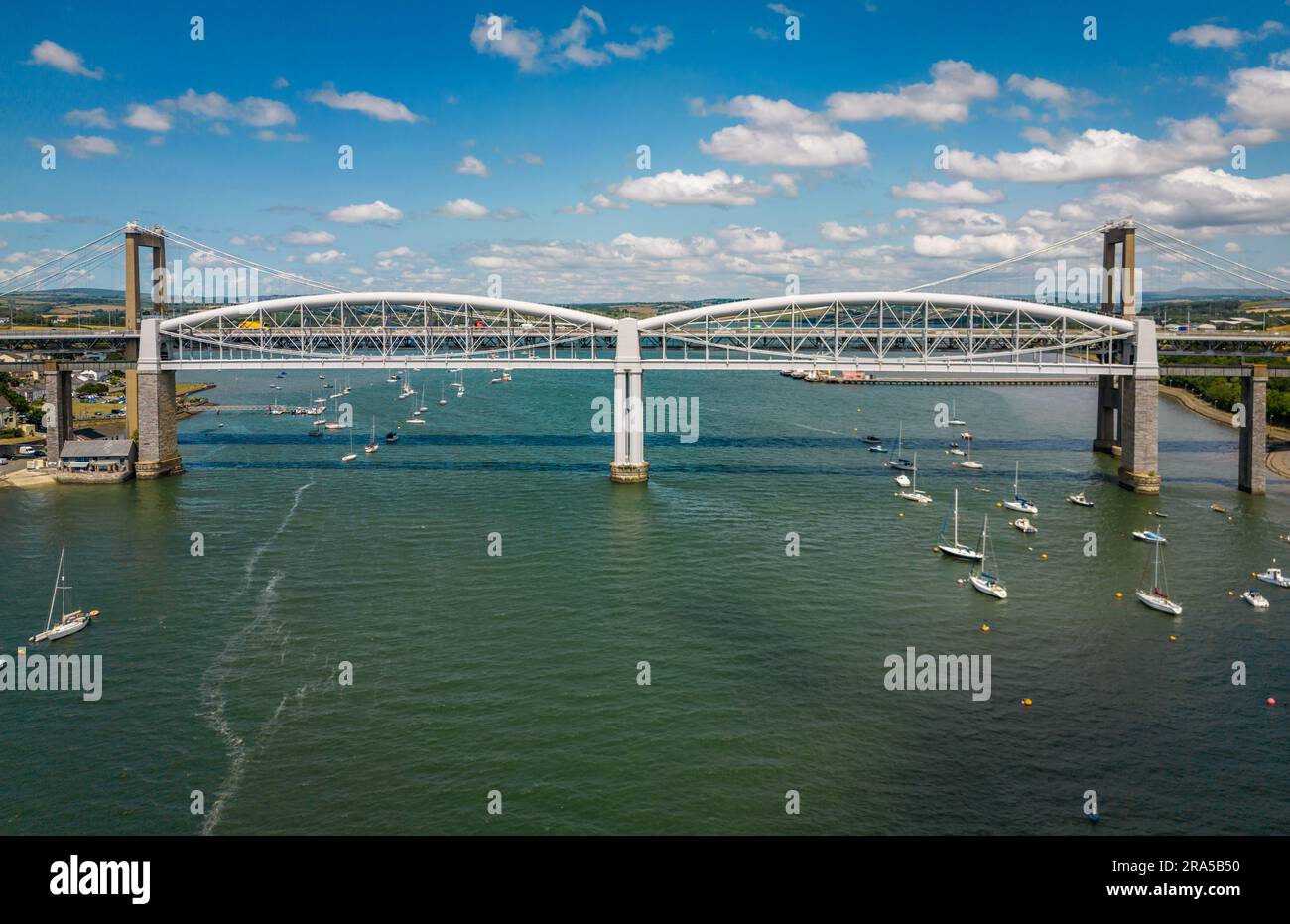 Aerial view of Prince Albert Bridge and Tamar Bridge linking Devon and ...