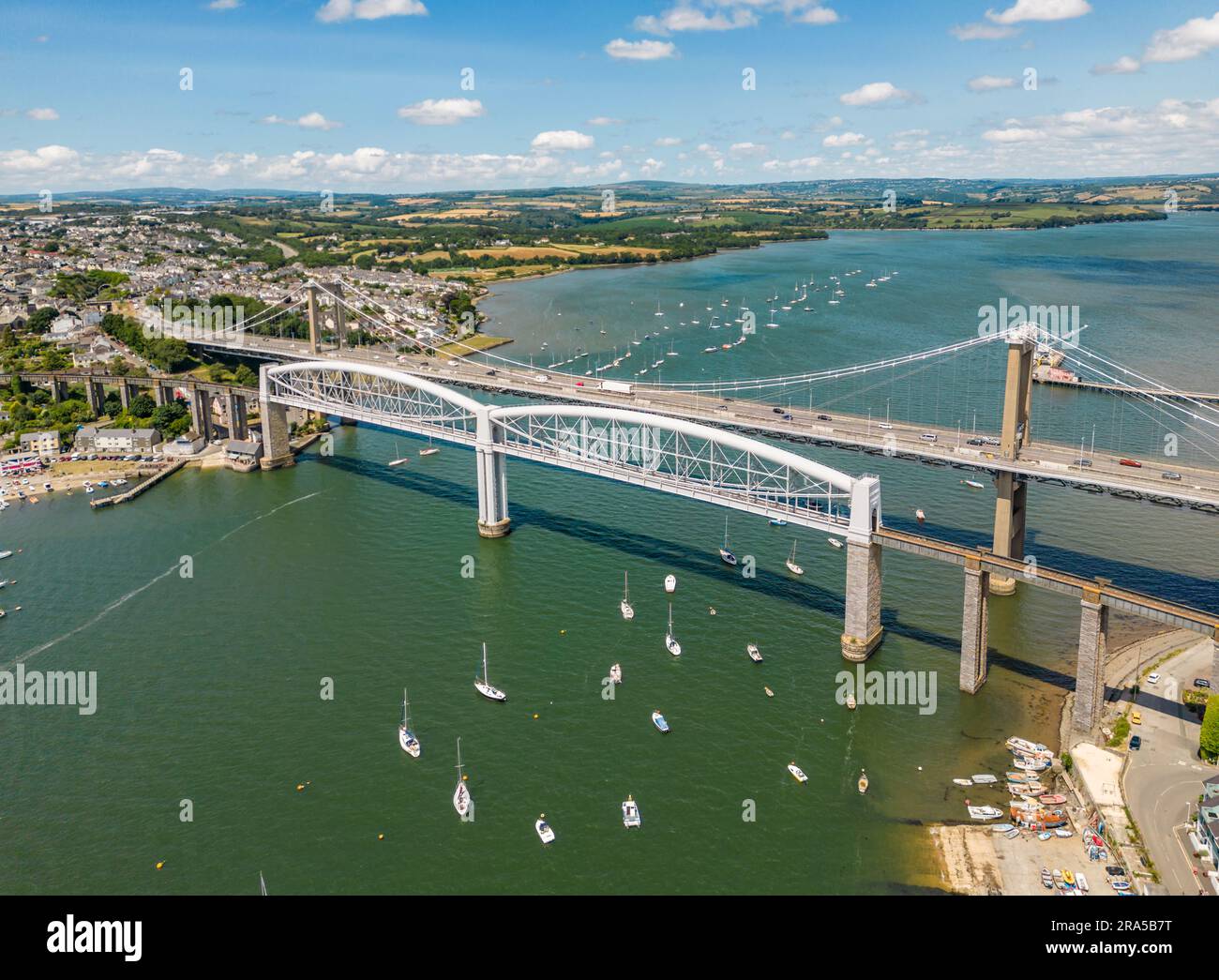 Aerial view of Prince Albert Bridge and Tamar Bridge linking Devon and ...