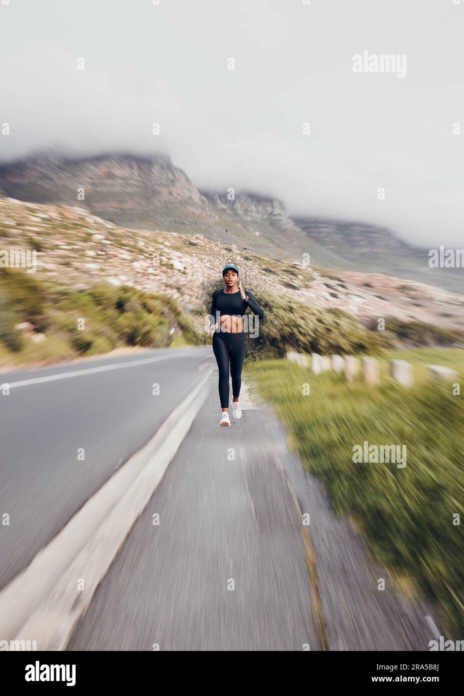 Fitness, running and speed with black woman on mountain for health, workout and challenge ...