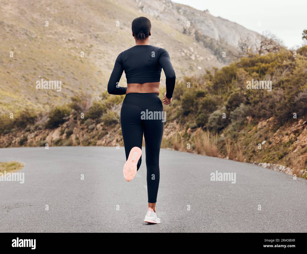 Fitness, running and back with black woman in nature for health, workout and challenge ...