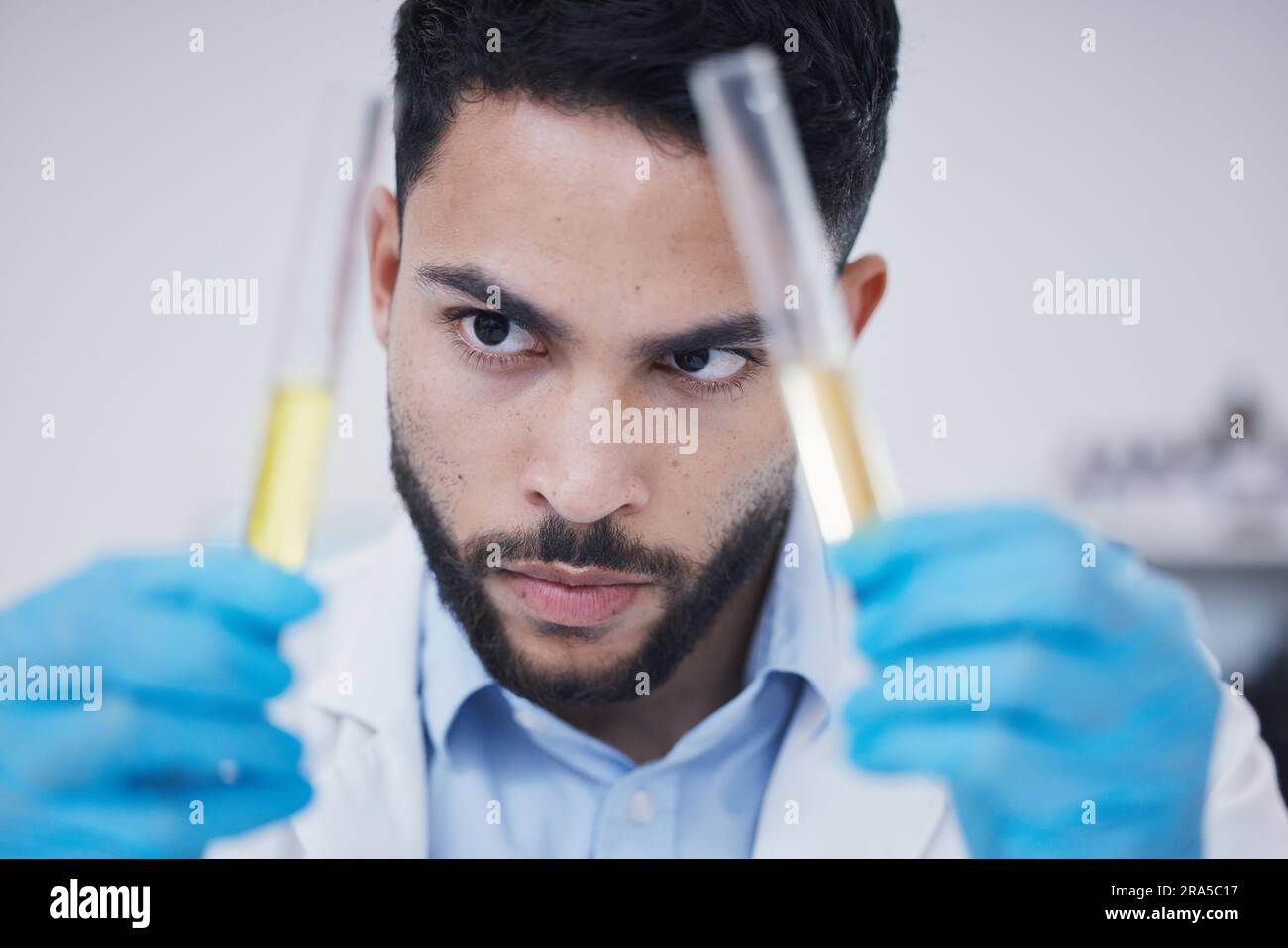 Test tube, scientist thinking and man in research, vaccine solution or ...
