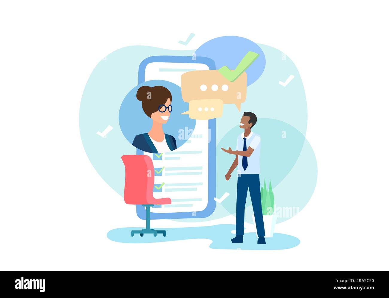 Vector of a HR manager interviewing a new candidate businesswoman via ...