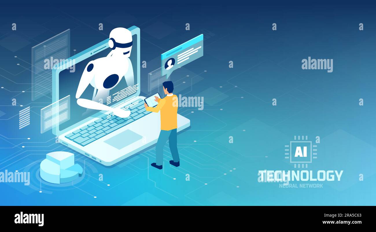 Vector Of A Young Man Using Chat Bot And Artificial Intelligence