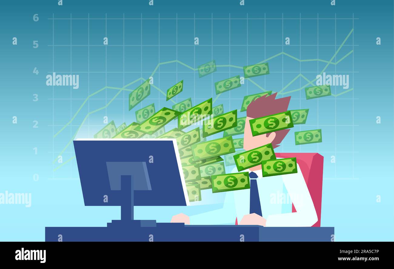 Vector of a businessman getting paid from computer for his online job ...