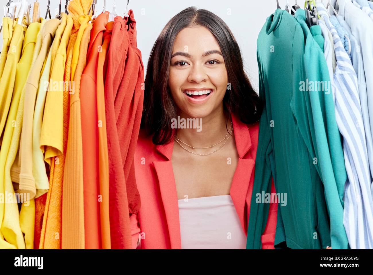 Fashion, choice and clothes with portrait of woman in studio for ...