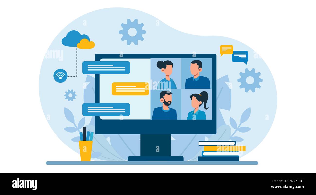 Vector of people having online conference call on desktop computer ...