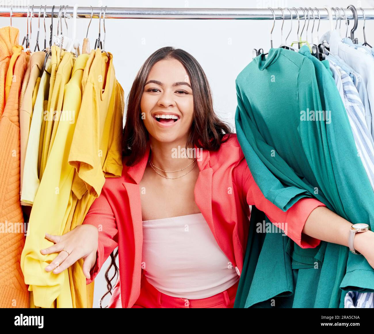 Fashion, smile and clothes with portrait of woman in studio for ...