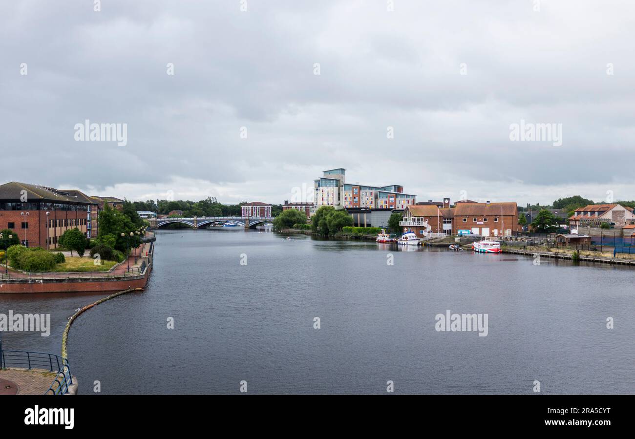 A view along the River Tees in the town centre at Stockton on Tees ...