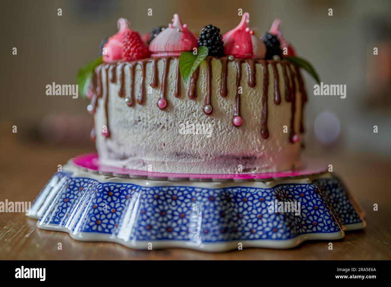 Home made cake with forest fruitschocolate and meringues Stock Photo ...