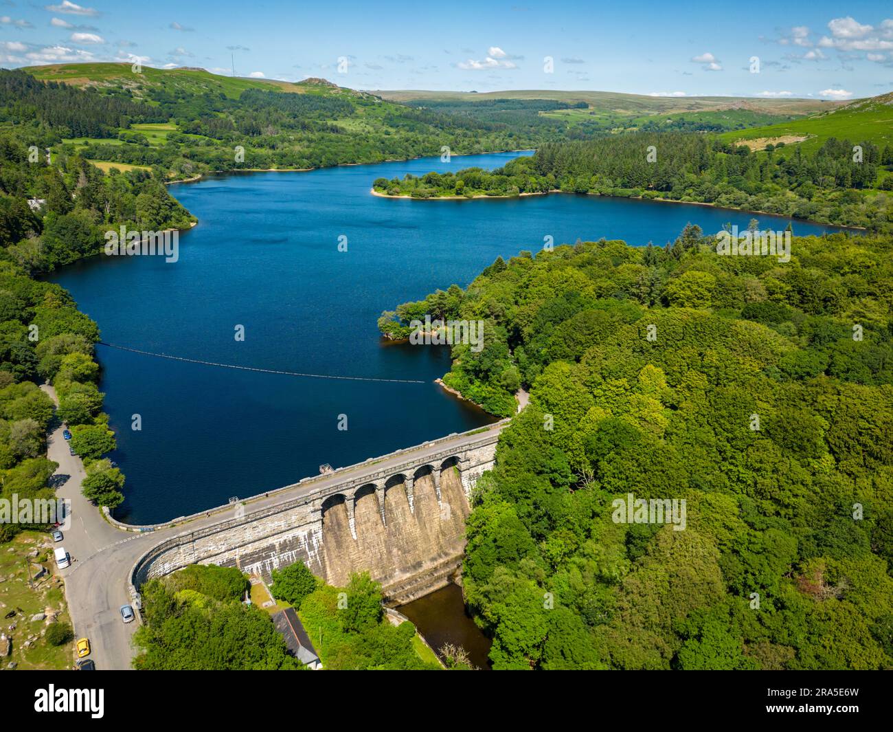 Aerial view of the Burrator Reservoir and Dam on Dartmoor, suppling ...
