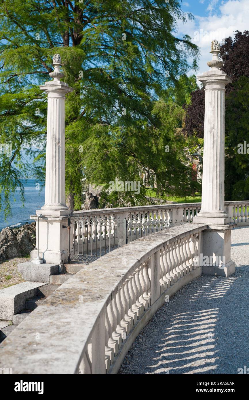 Lake Como, bellagio, Italy, Two columns at lakeside of Lago di Como ...
