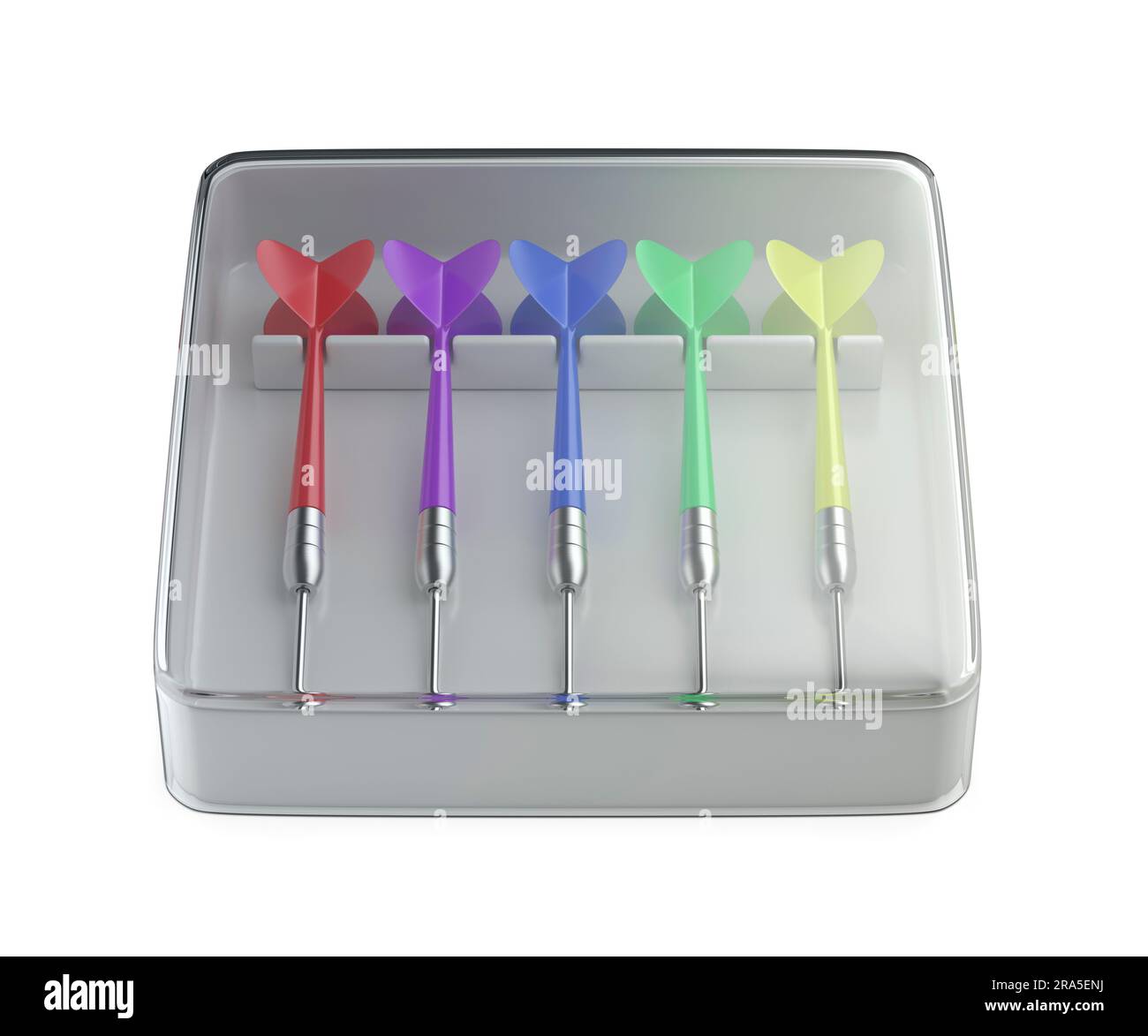 Transparent plastic box with five colorful darts on white background ...