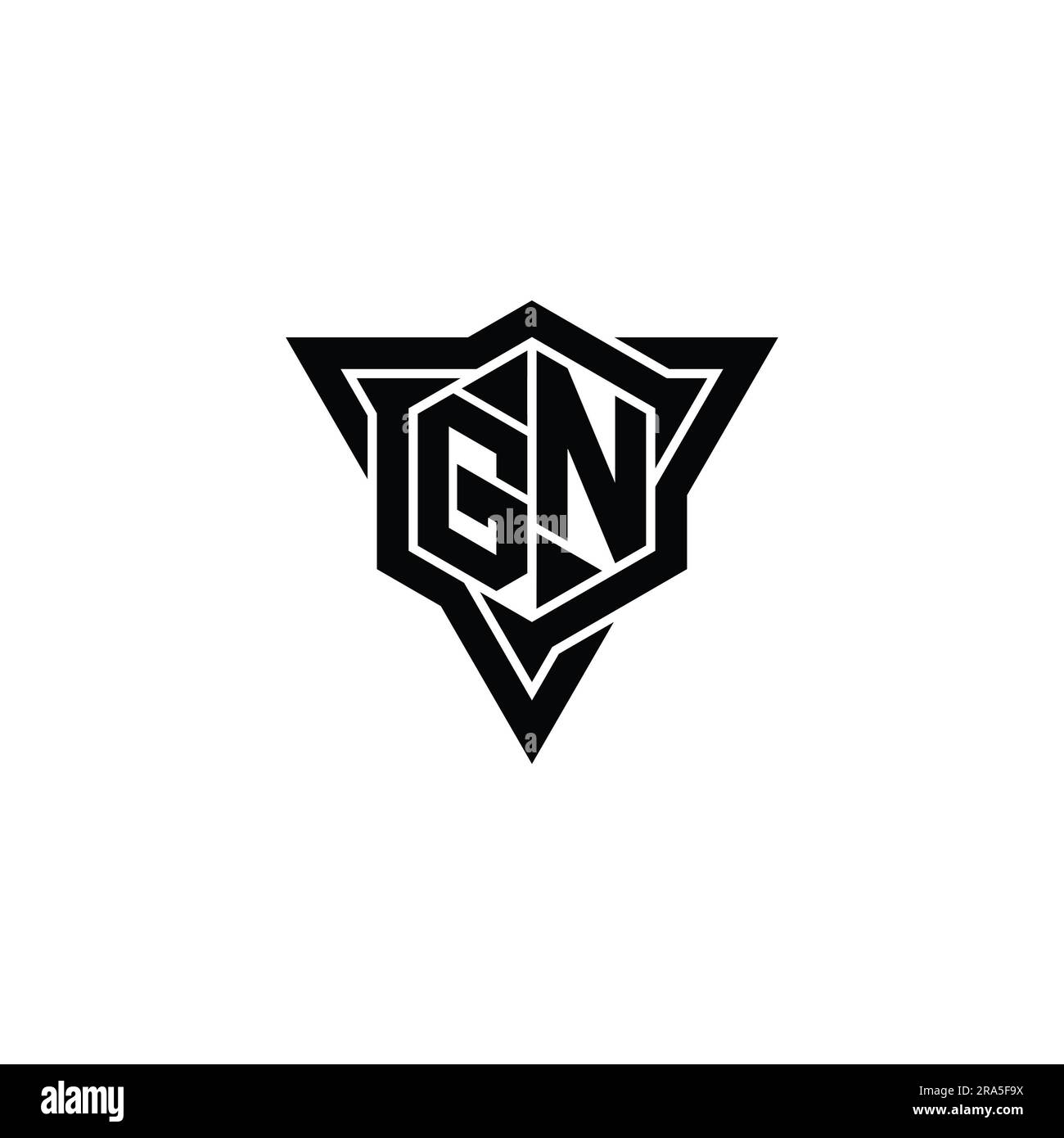 GN Letter Logo monogram hexagon shape with triangle outline sharp slice style design template ...